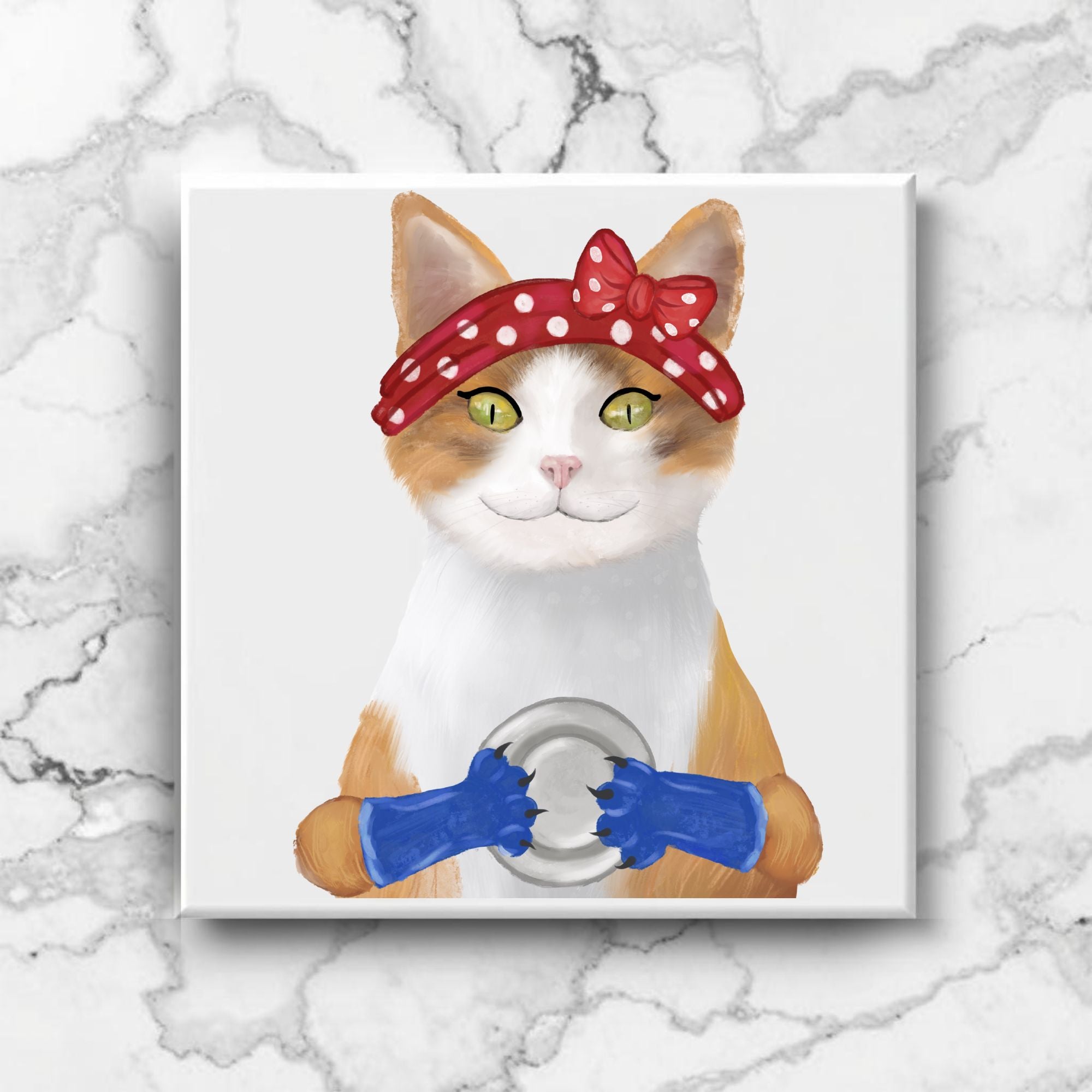 Calico Dishwashing Cat Tile | Retro Rosie Cat Art | Cute Kitchen Décor ...